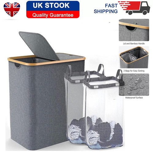 145L Large Laundry Basket Bin Bag Foldable Hamper 2 Compartment Double ...