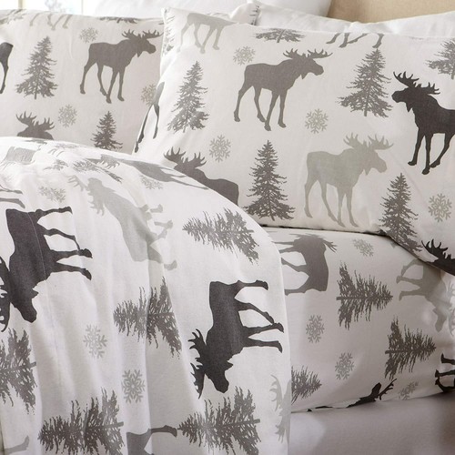 Gray Moose Pine Snowflake 4 pc Cotton Flannel Sheet Set Twin Full Queen ...