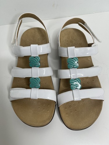 Vionic Women's Amber White blue jewel Patent Leather 3-Strap Sandals ...