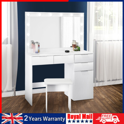 Large White Dressing Table Stool Set with LED Light Mirror Vanity Make ...
