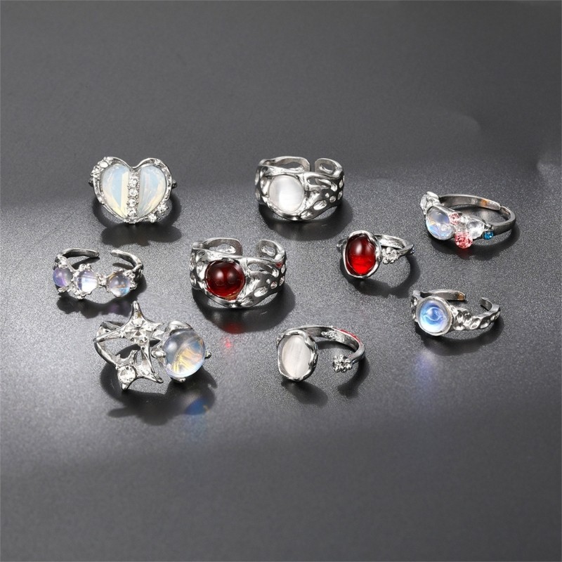 9PCS Silver Plated Rings Set with Dainty Moonstone Crystal Rhinestones ...