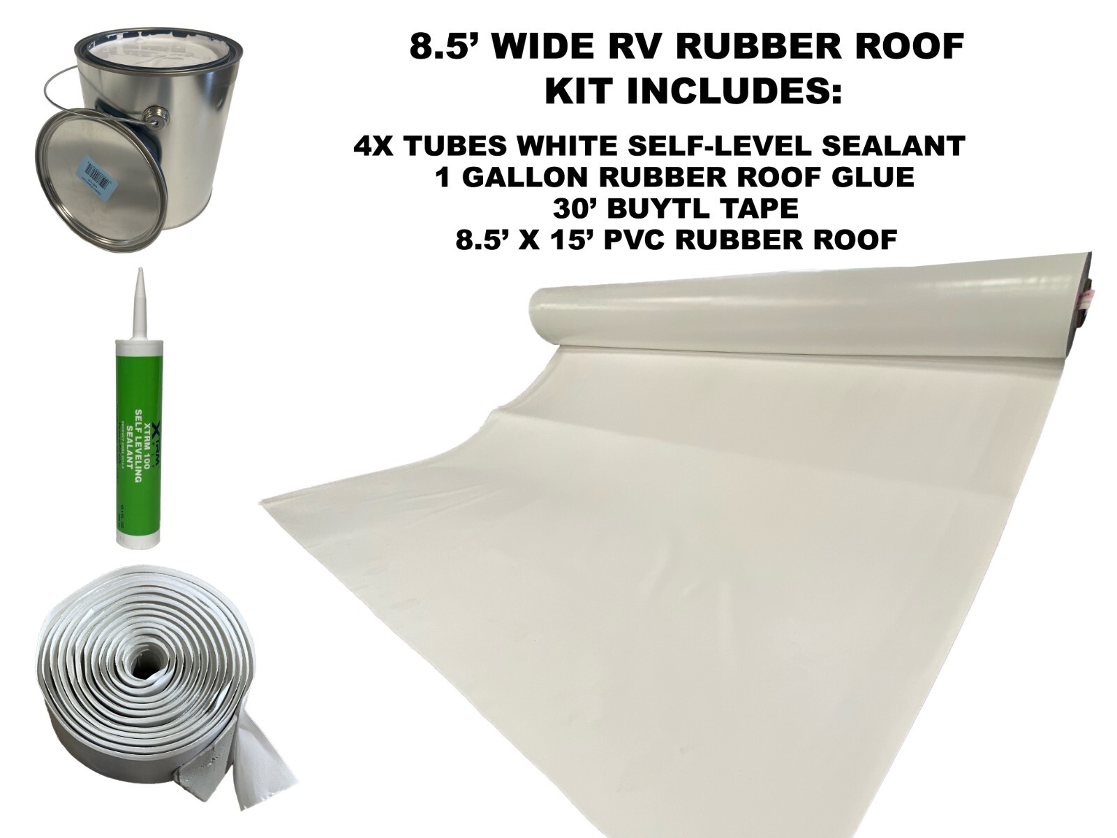 8.5' Width x 15' Length PVC RV Rubber Roof Installation Kit Bright ...