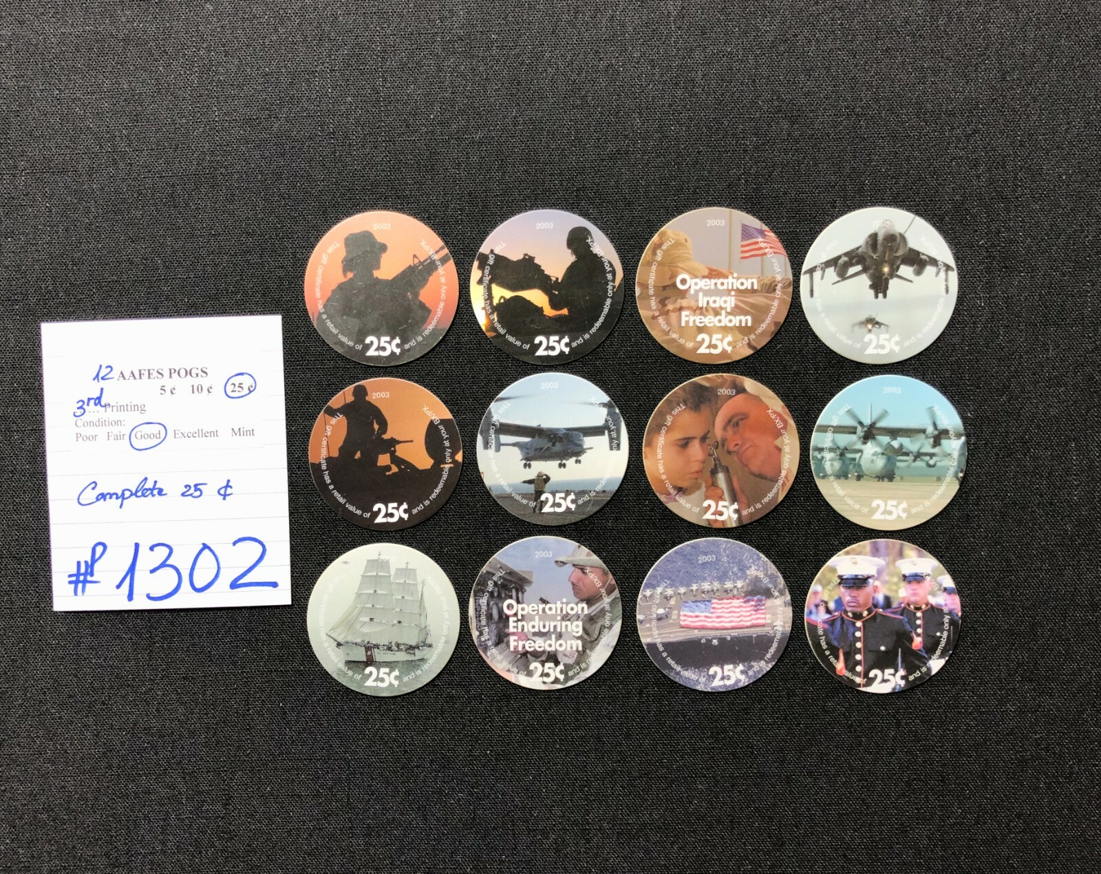 AAFES POGS, 3rd Series/Printing,12 POGS, 25c COMPLETE set, #P1302, GOOD ...