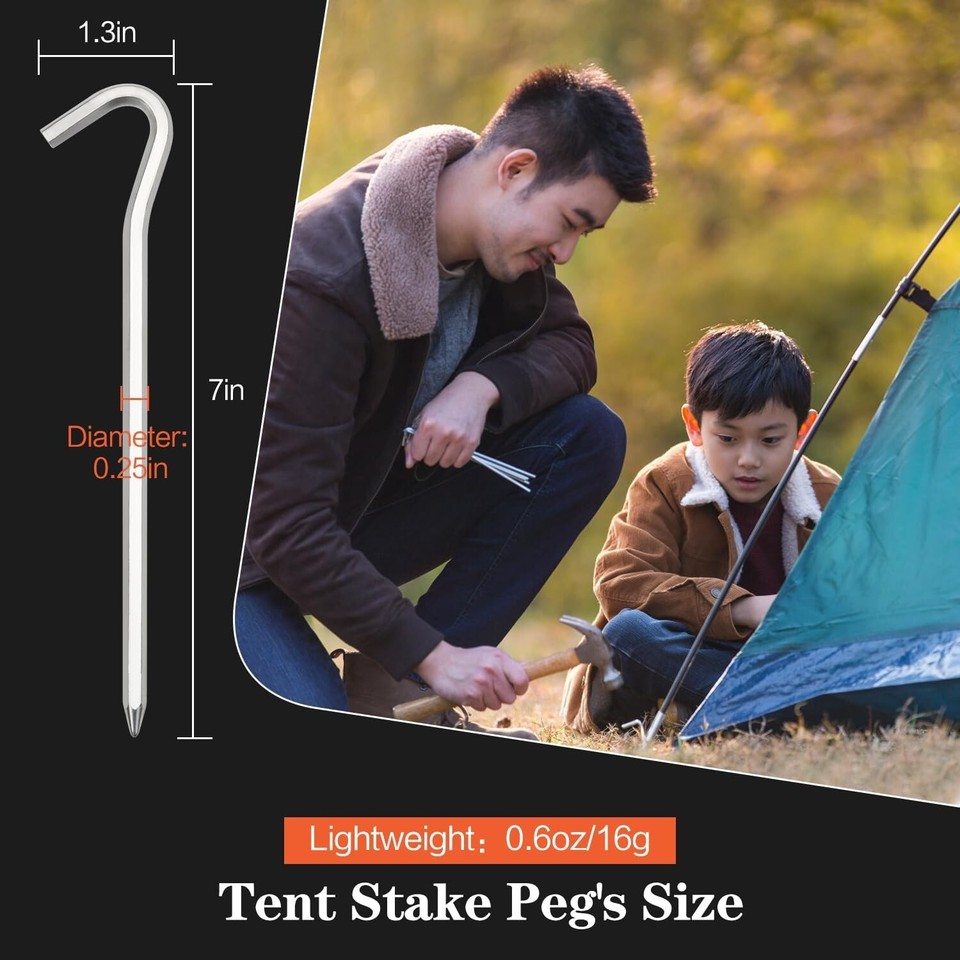20/40/80 Pack Tent Pegs, 7" Aluminum Stakes Pegs with Hook, Hexagon Rod ...