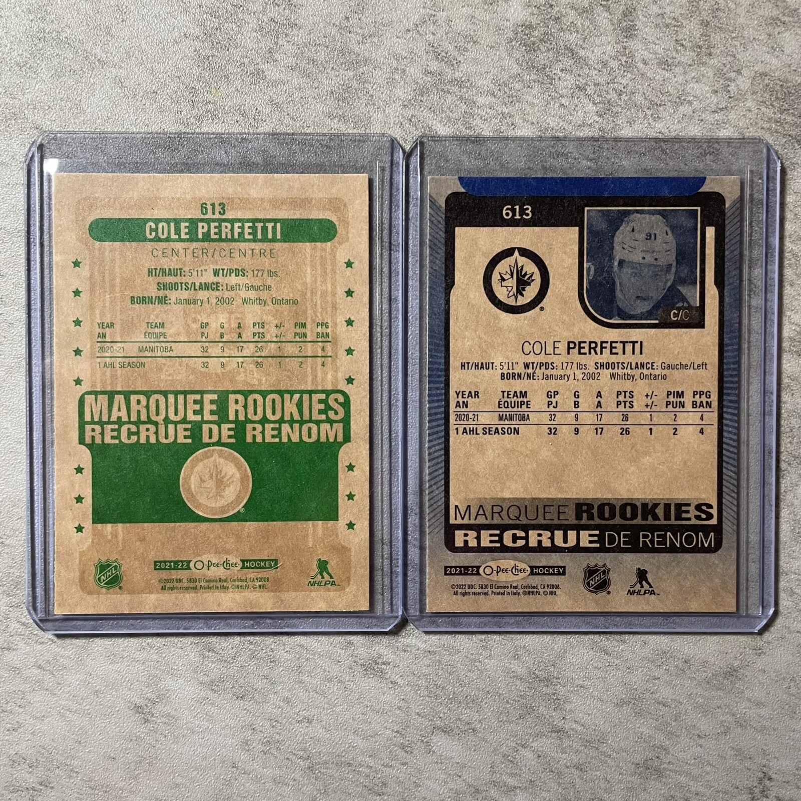 Cole Perfetti | 2021-22 Upper Deck | OPC Marquee Rookies | Blue & Retro ...