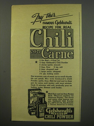 1945 Gebhardt's Eagle Chili Powder Ad - Try this famous Gebhardt recipe ...