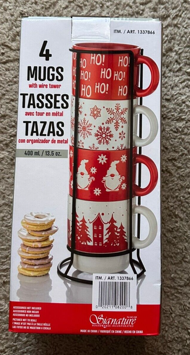 Signature houseware Holiday Stoneware Mugs wire tower 4 mugs with wire ...