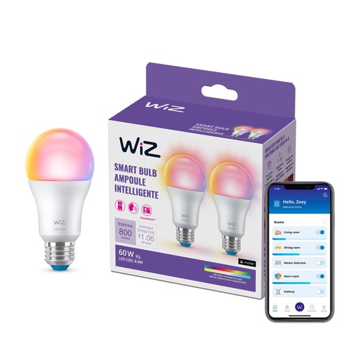 WiZ Connected Smart Light Bulbs, 2-Pack, Color A19 60W 800LM E26 Indoor ...