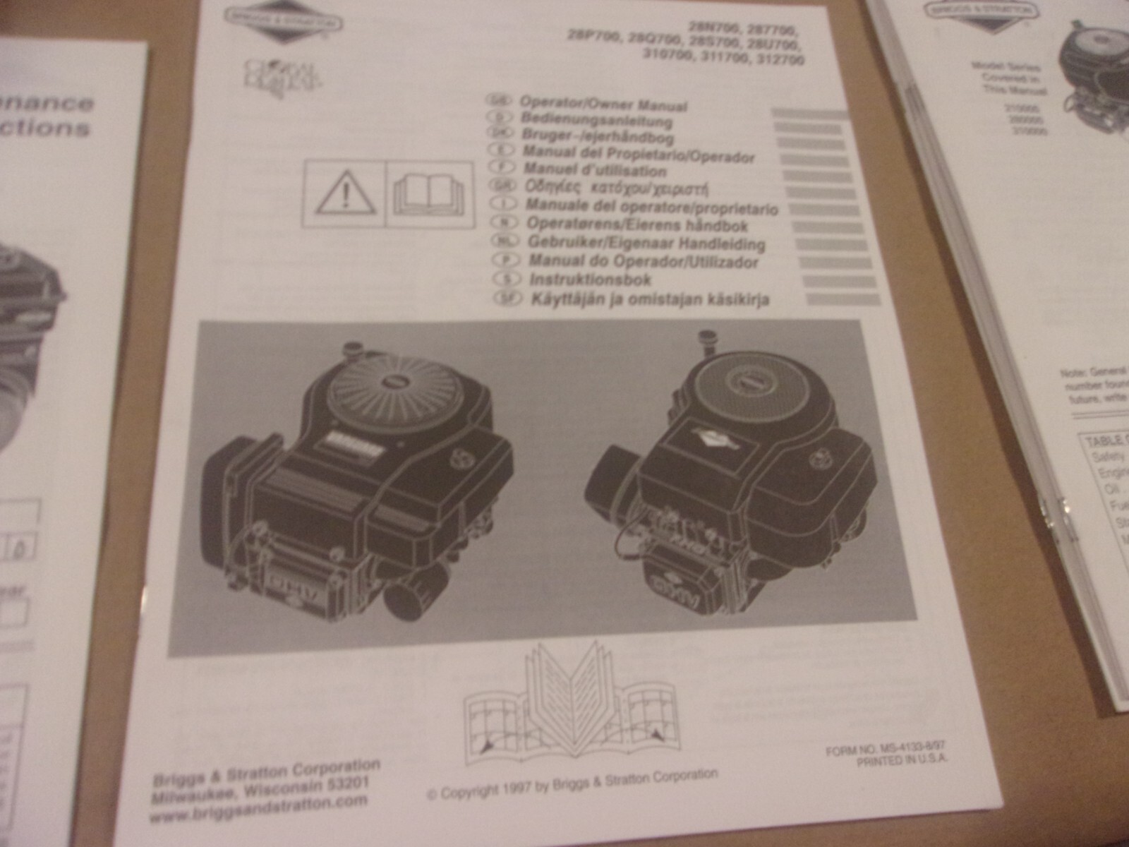 BRIGGS & STRATTON ENGINE Model 28N700 287700 28P700 Operating ...