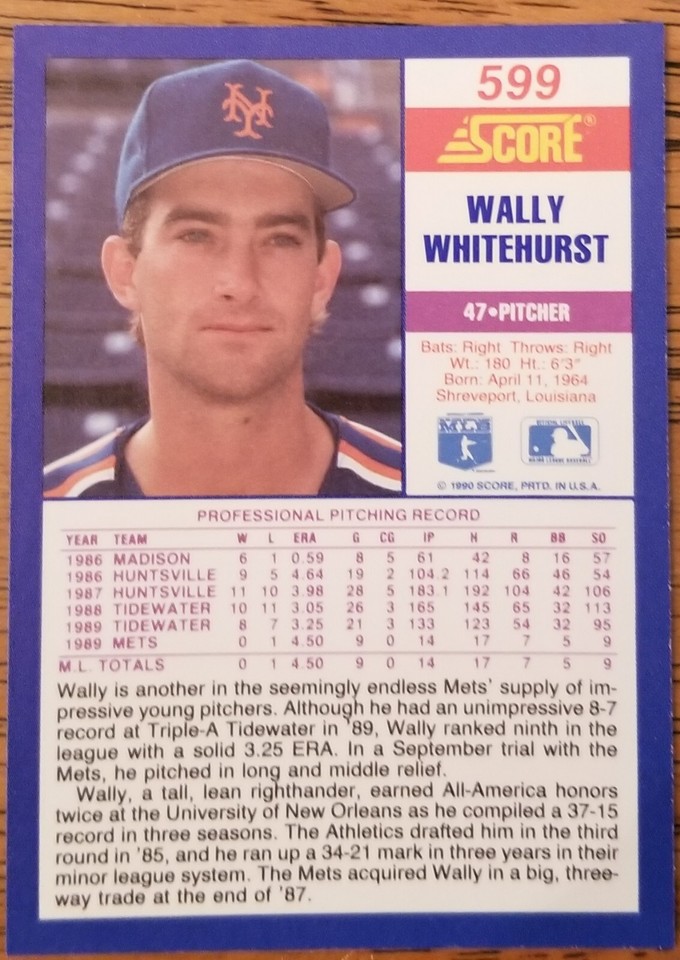 Wally Whitehurst New York Mets 1990 Score Baseball Card #599 ROOKIE MT ...