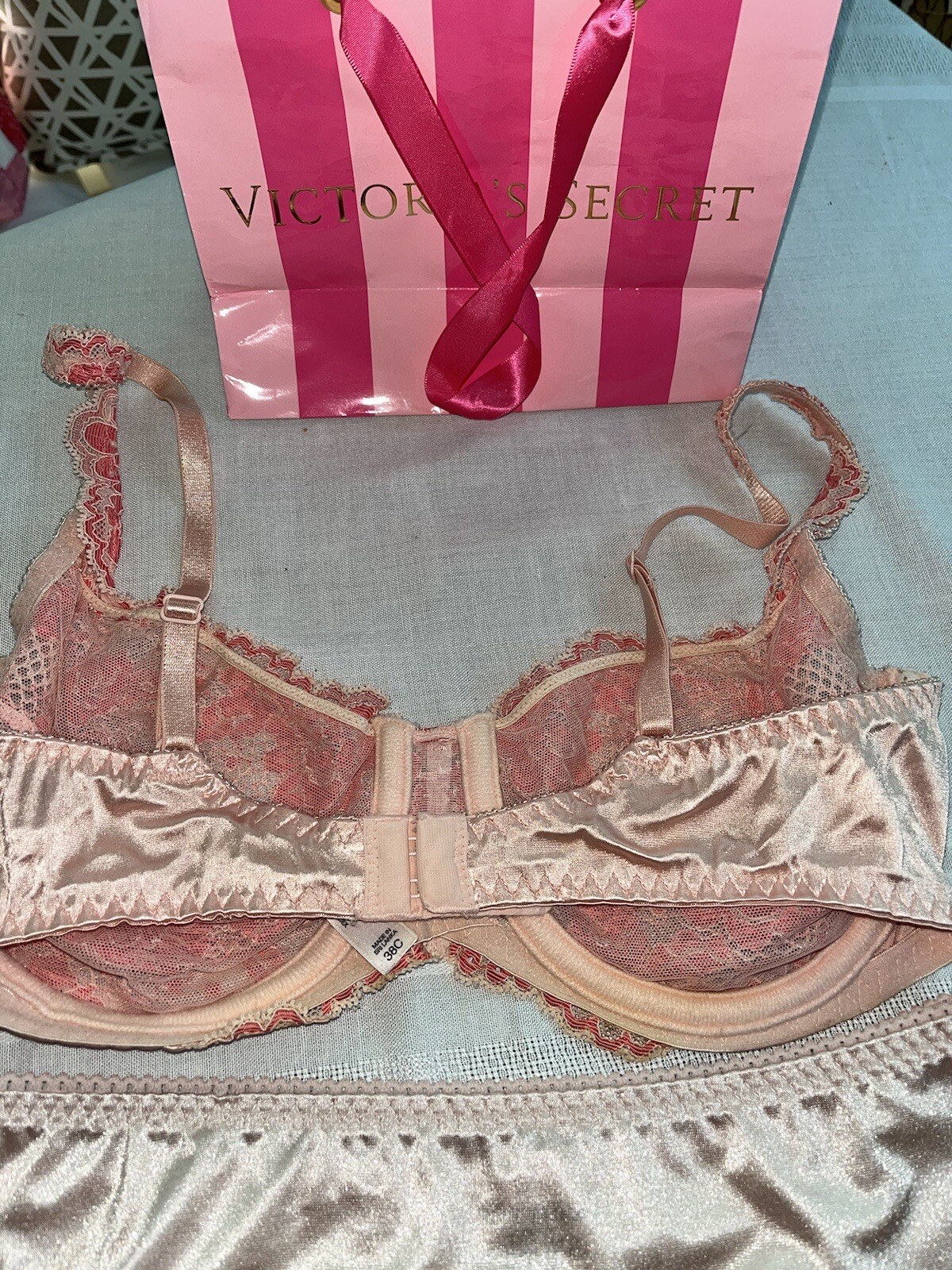 Set Vtg Victorias Secret Bra 2nd SATIN Lace Pink Coral 38C Vanity Fair ...