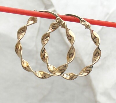 1" Full Twisted Shiny Round Hoop Earrings Snap Closure REAL 10K Yellow ...