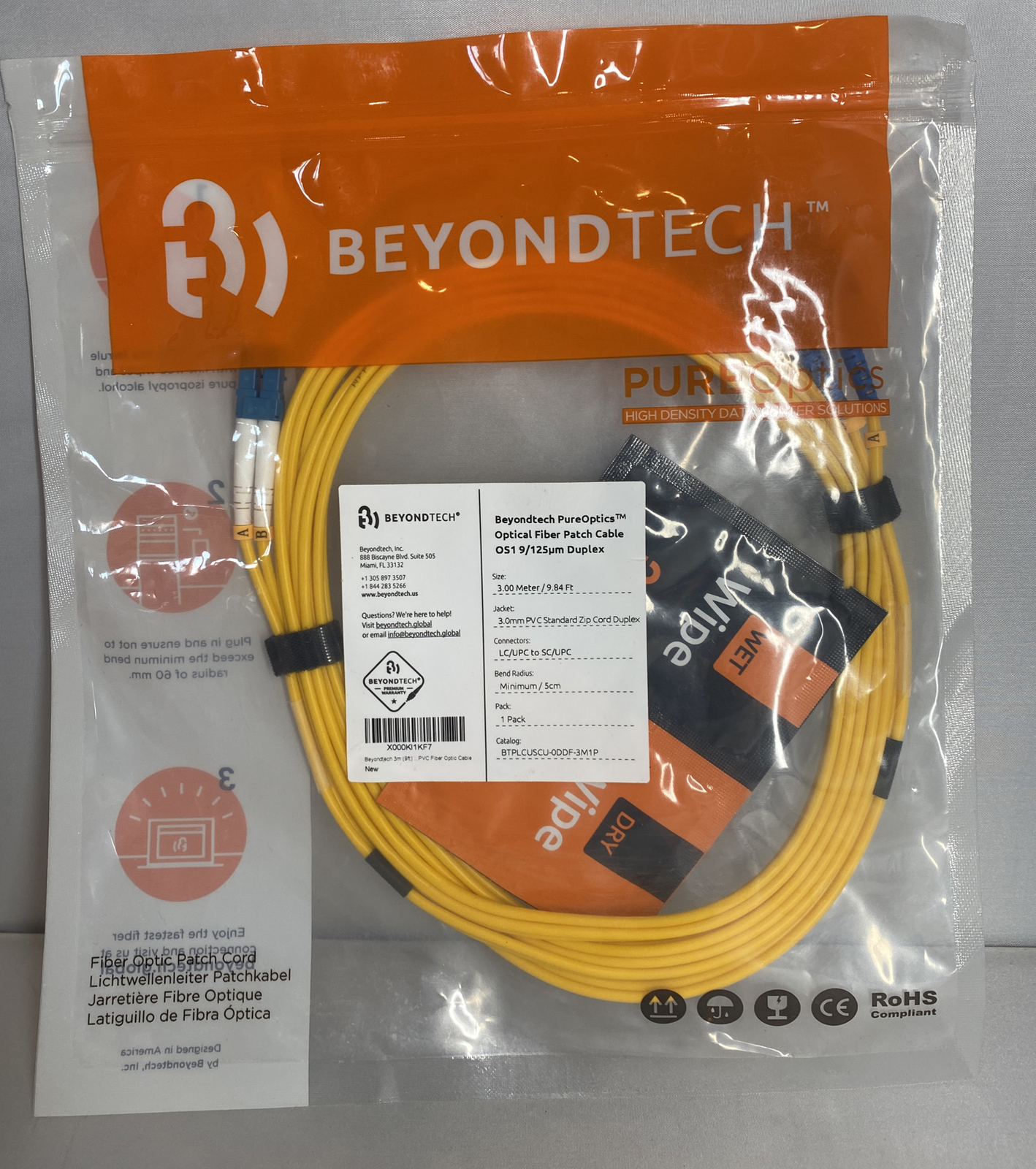 Beyondtech Pureoptics Optical Fiber Patch Cable OS1 9/125um Duplex 3 Meter JS7 | eBay