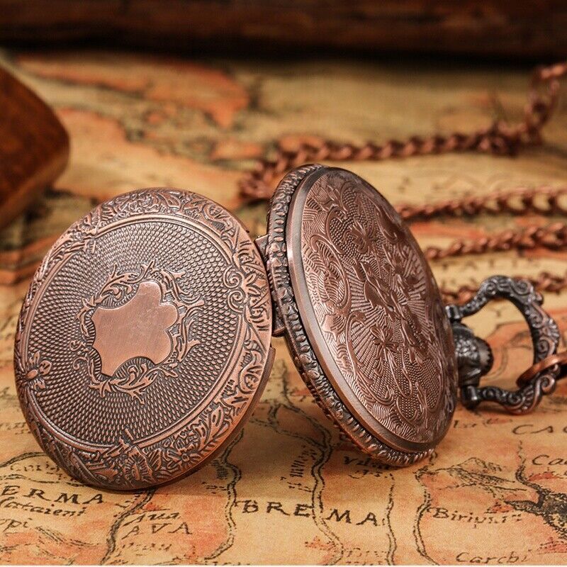 Red Copper Shield Design Antique Unisex Quartz Pocket Watch FOB Pendant ...