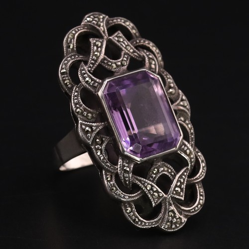 Sterling Silver - JUDITH JACK Amethyst & Marcasite Statement Ring Size ...