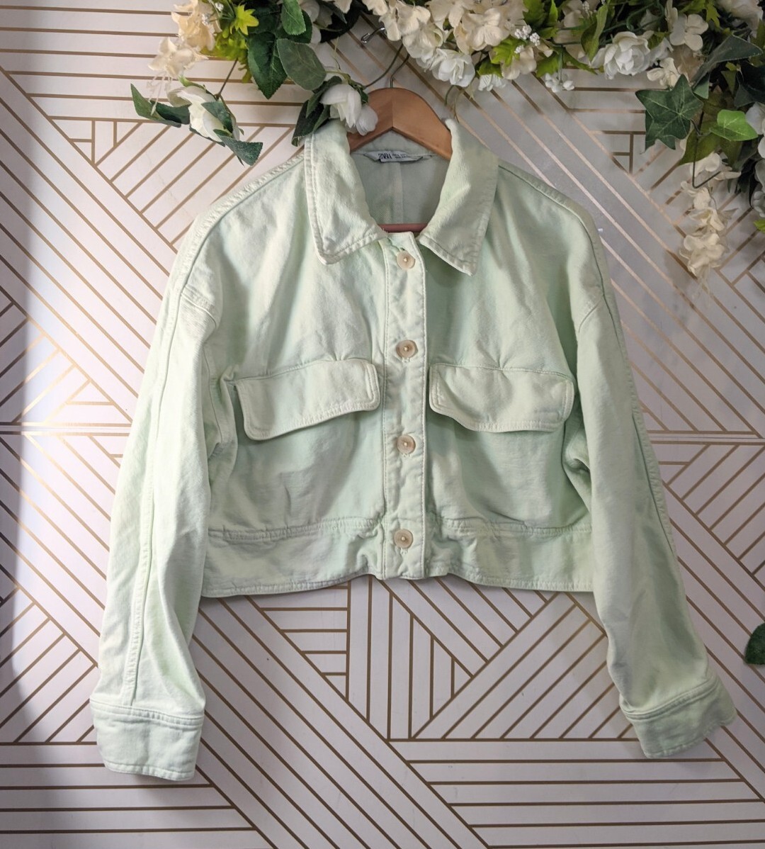 ZARA Women's Button Up Neon Green Cropped Jacket Pockets Long Sleeve ...