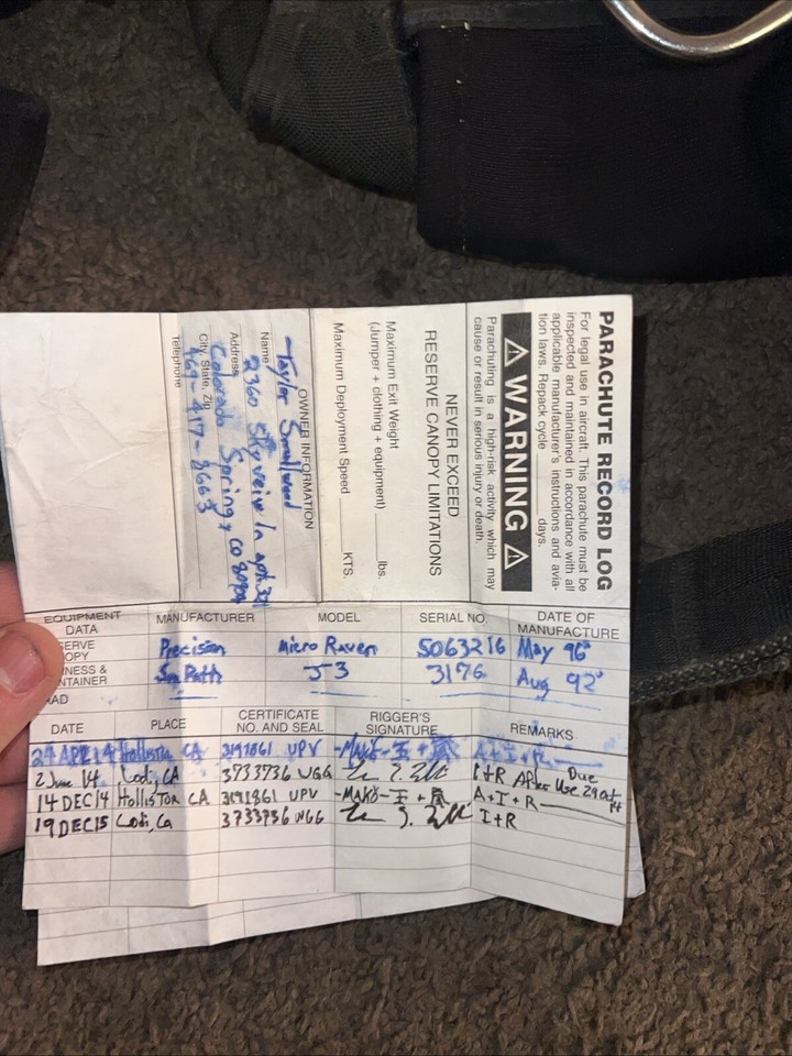 Javelin HALO/HAHO Skydive Parachute Rig Vintage | eBay