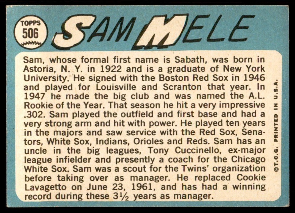 1965 Topps Baseball Card Sam Mele A Minnesota Twins #506 | eBay