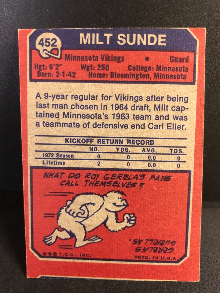 Milt Sunde 1973 Topps Football Error Factory Miscut OddBaLL Card #452 ...