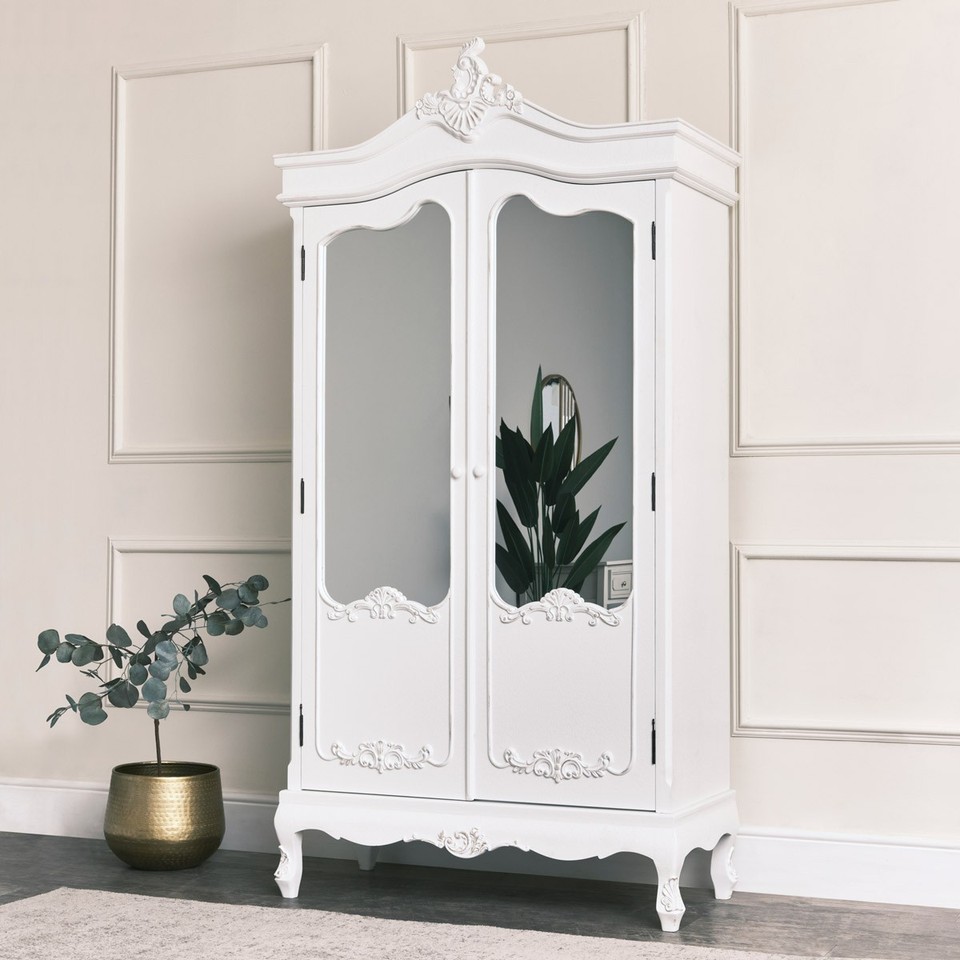 Antique white mirrored double wardrobe bedroom furniture shabby french ...