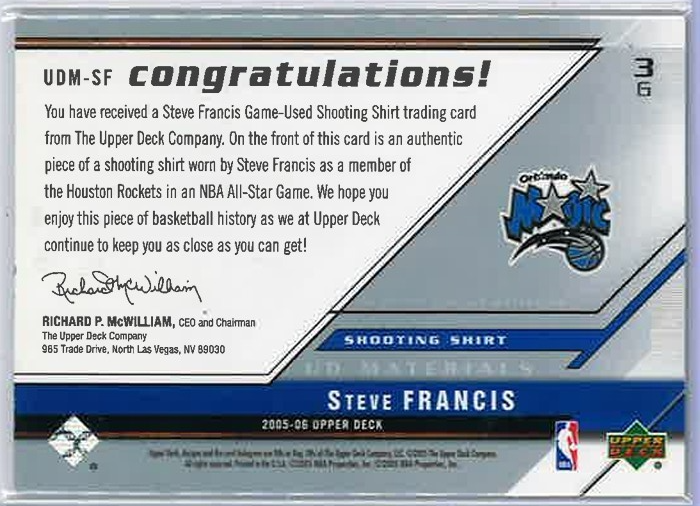 Steve Francis Game-Used Shooting Shirt Patch - 2005-06 UD Materials # ...