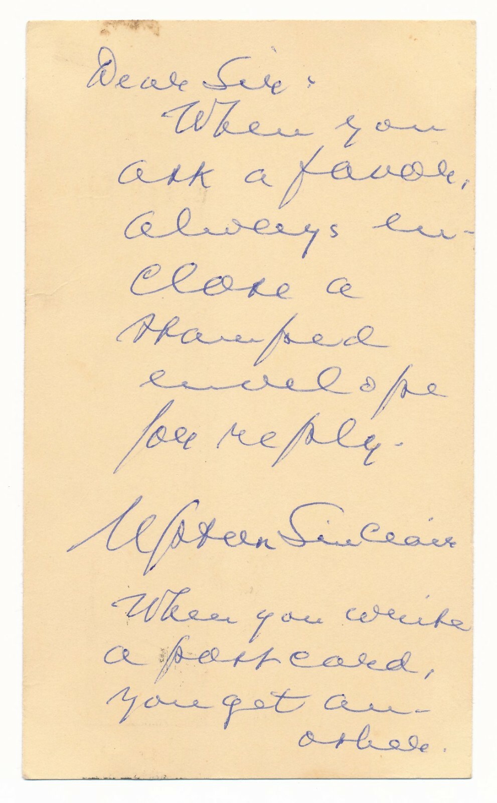 Upton Sinclair - Circa 1962 Signature & Note on a Post Card w/ Photo ...