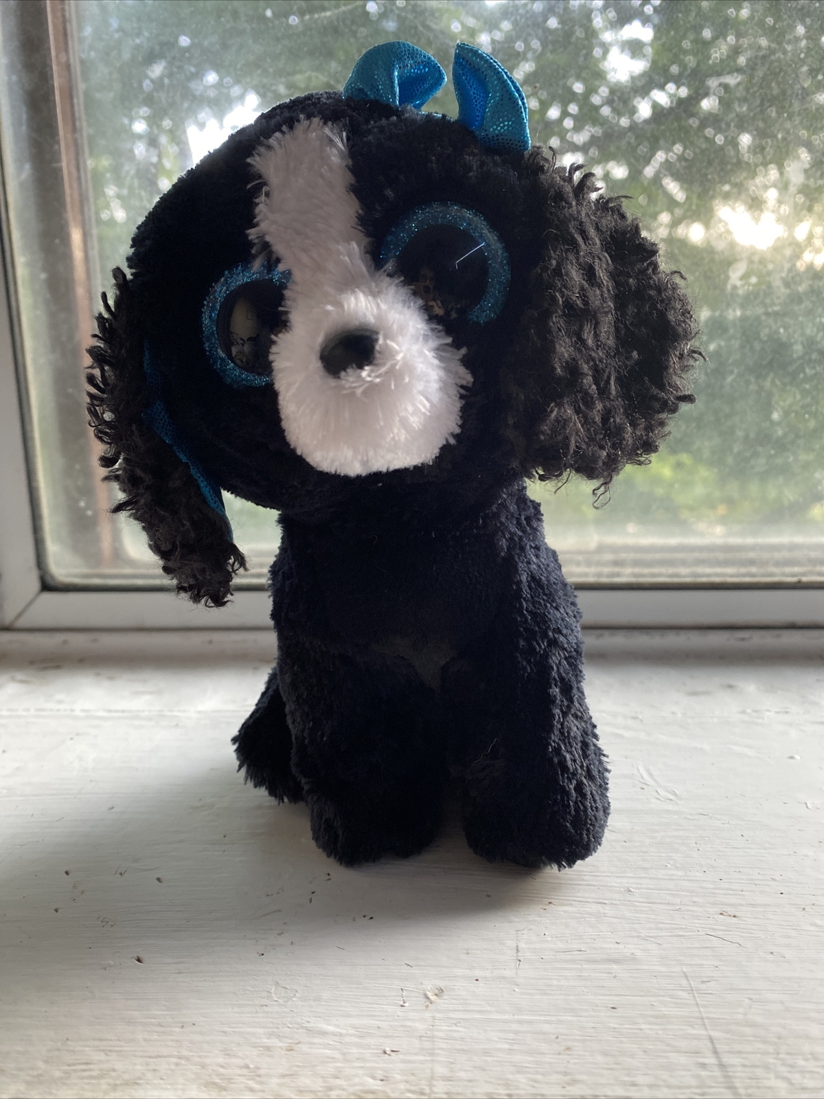 Ty Beanie Boo Boos Tracey the Black White Puppy Dog 6” Glitter Eye 2017 ...