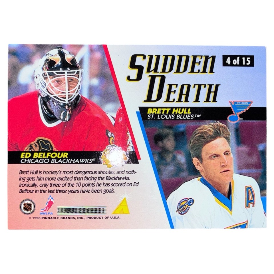 1996 Pinnacle Score Sudden Death Ed Belfour x Brett Hull #4 Blackhawks ...