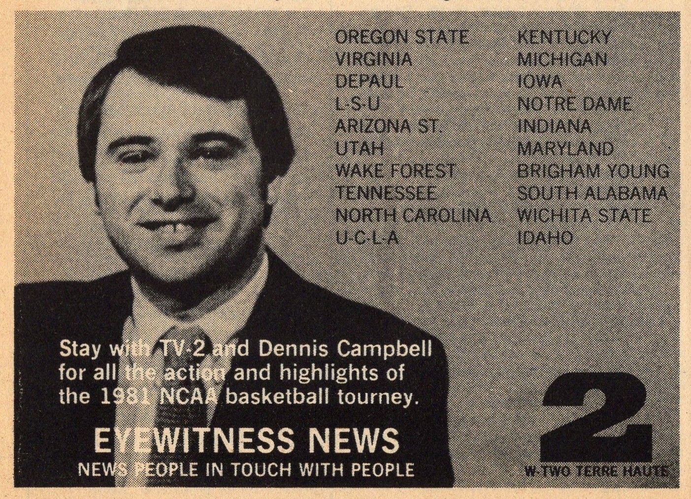 1981 WTWO INDIANA TV NEWS AD / DENNIS CAMPBELL SPORTS REPORTER ...