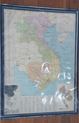 VINTAGE 1965 VIETNAM WAR SCHOOL WALL MAP US LANDINGS HO CHI MINH TRAIL ...