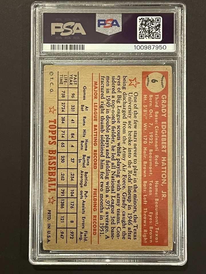 1952 Topps Grady Hatton Red Back PSA 3 VG #6 Vintage Baseball ...
