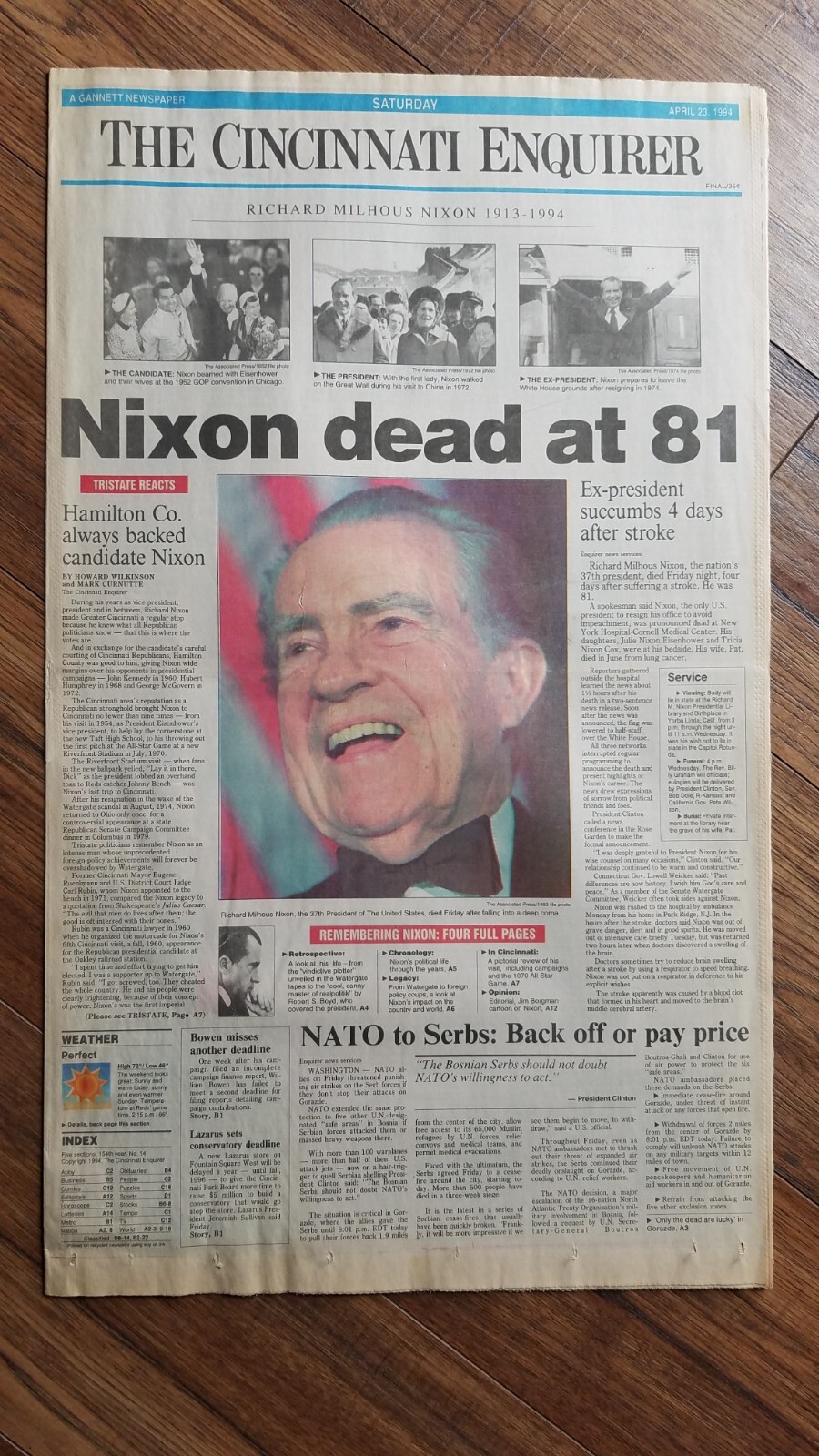 NIXON DEAD AT 81, newspaper, April 23, 1994 | eBay