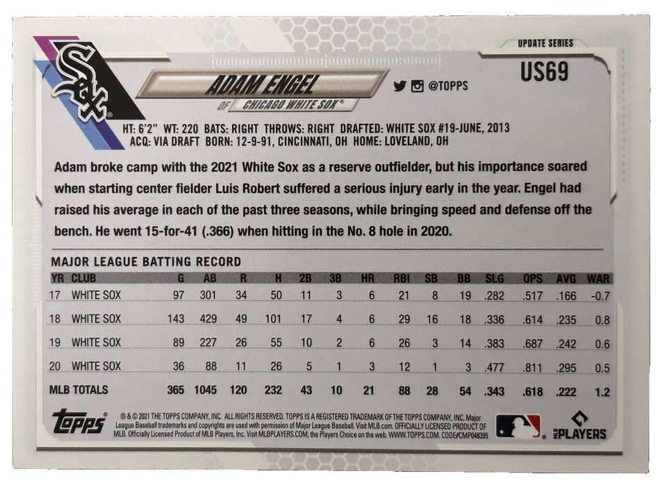 Brand New: 2021 topps Update Adam Engel Chicago White Sox Trading Card ...
