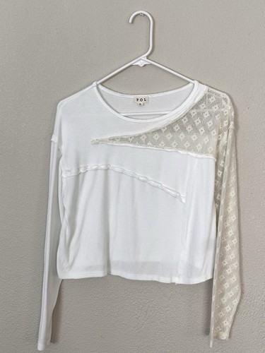 POL White Top Small Long Sleeve Lace Patchwork Asymmetrical Boho Knit ...