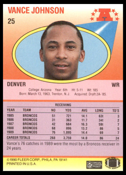 1990 Fleer #25 Vance Johnson Denver Broncos | eBay