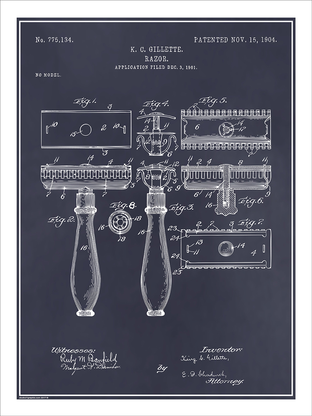 1901 Gillette Safety Razor Patent Print Art Drawing Poster | eBay