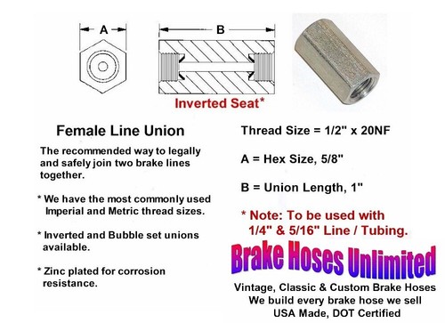FEMALE BRAKE LINE UNION / JOINER - 1/2" x 20, Inverted, for 1/4" and 5/ ...