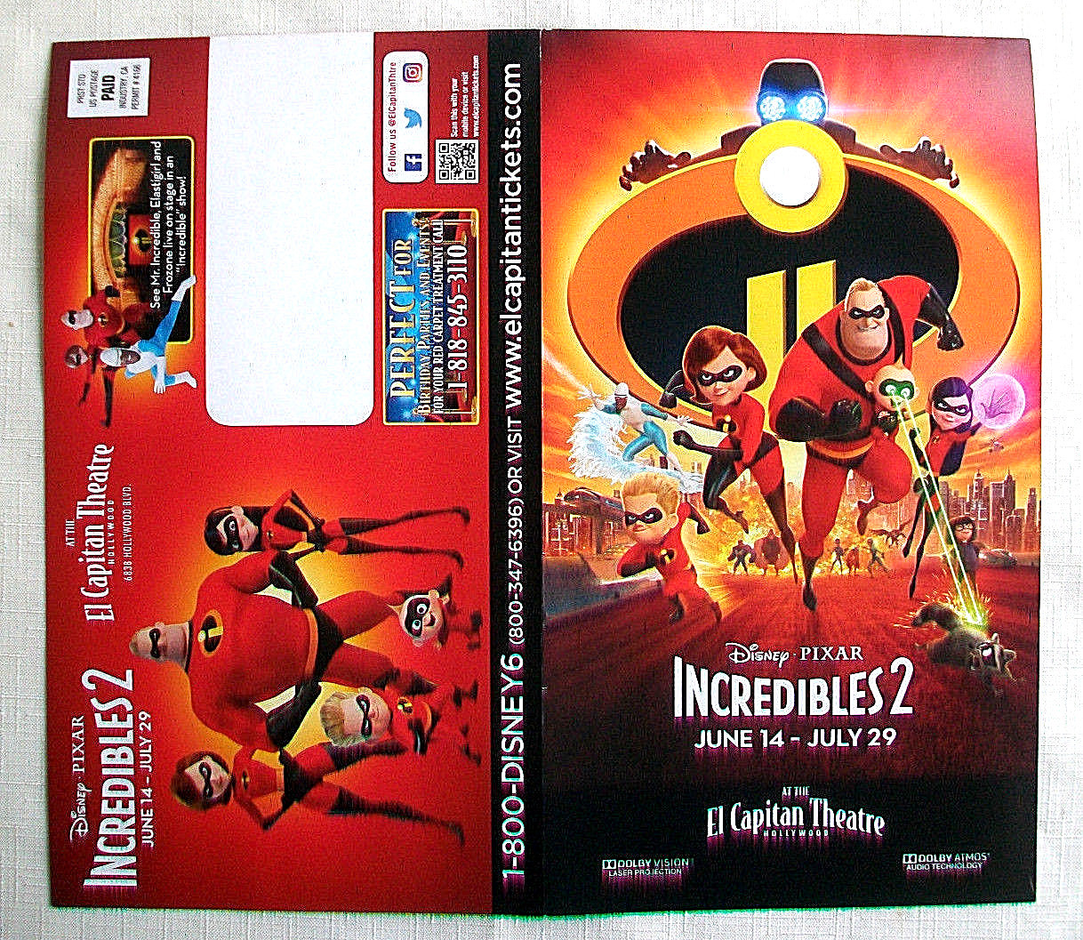 Mint EL CAPITAN THEATRE Flyer Invitation Brochure INCREDIBLS 2 Disney ...