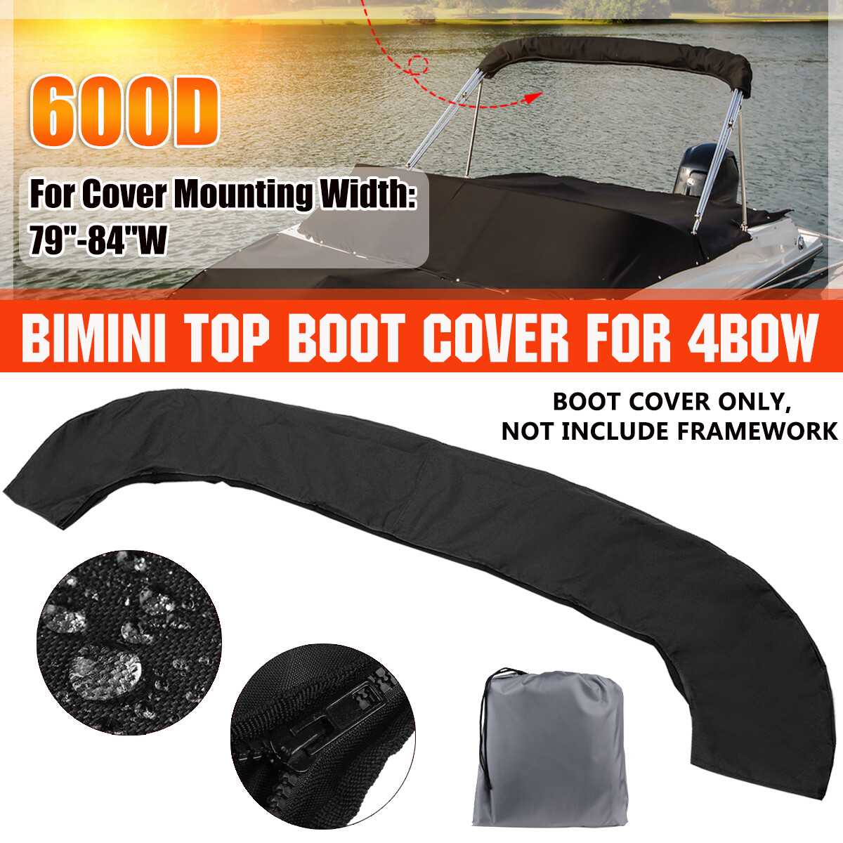 New Bimini Top Boot Cover Storage Bag Sock Boat Shade No Frame Black ...