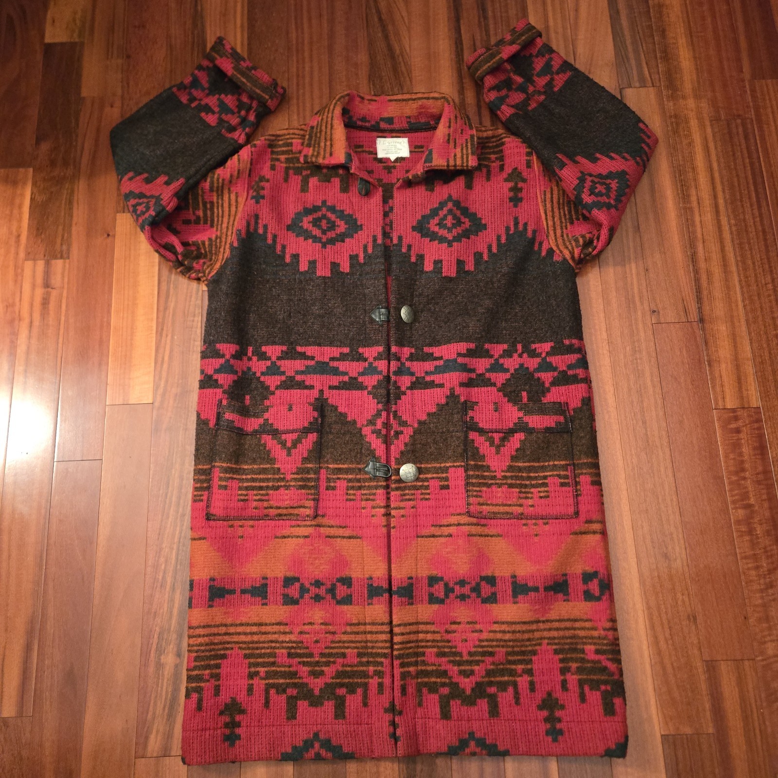 Vintage Women's Large Aztec Wool Long Coat Red P.L. G… - Gem