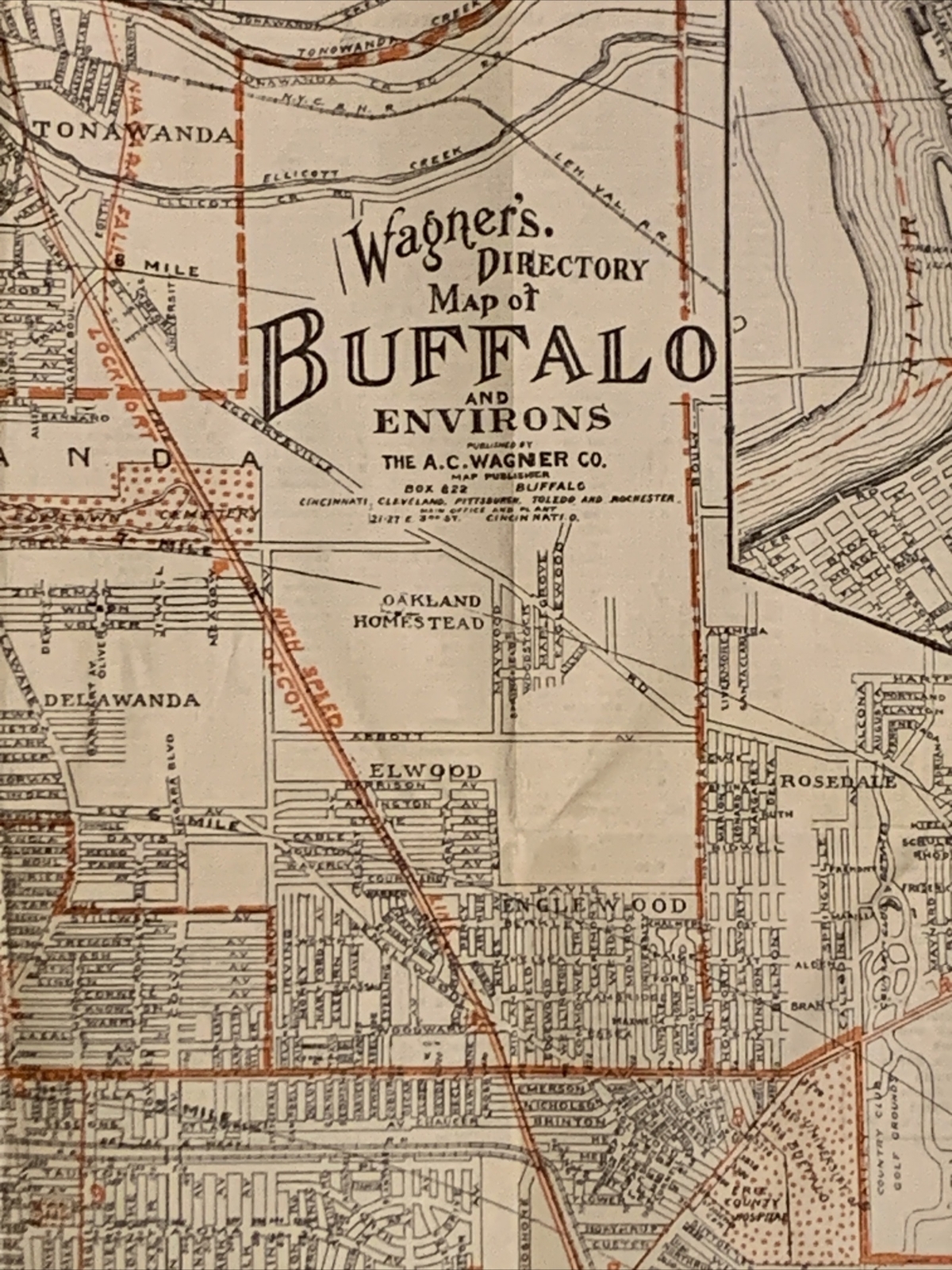 VTG 1920 A.C. Wagner's Directory Foldout Map of Buffalo NY & Environs ...