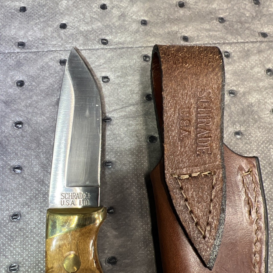 SCHRADE PH1 PRO HUNTER Maple Handle 3.5" FIXED BLADE LEATHER SHEATH USA ...