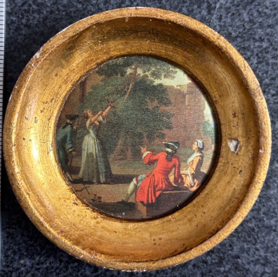 Antique Vintage Gilded Wood Miniature Frame Fabric Print Archery Scene ...