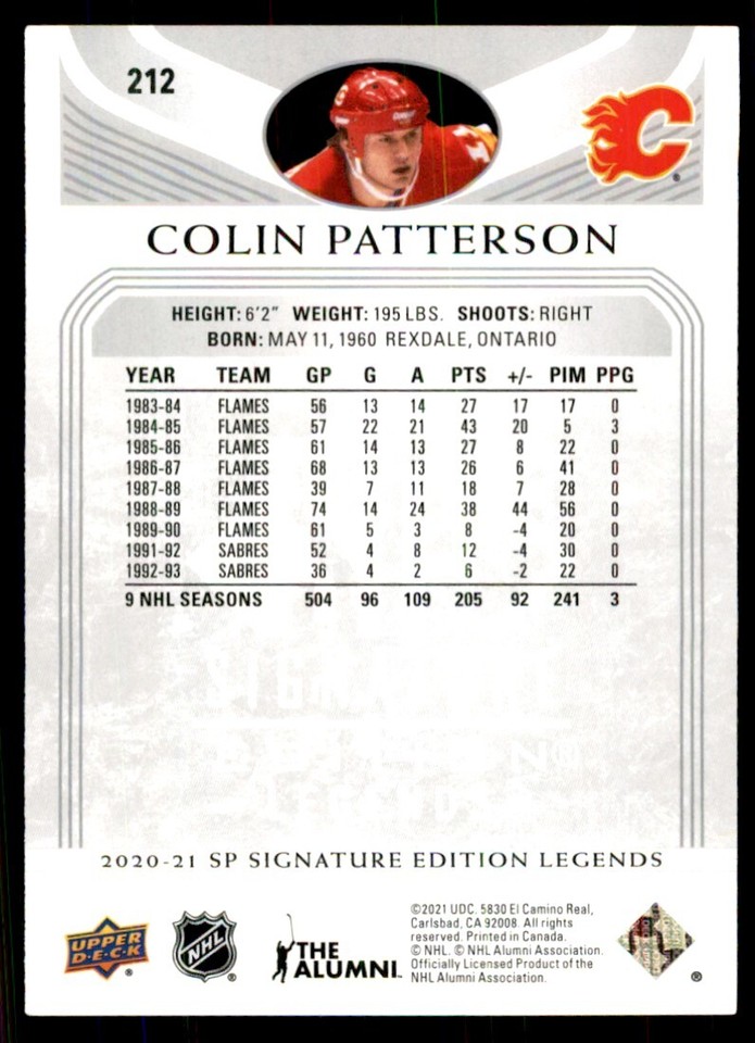 2020-21 Upper Deck SP Legends Colin Patterson Hockey Cards #212 | eBay
