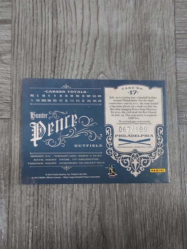 HUNTER PENCE 2012 PLAYOFF PRIME CUTS BAT CARD 17.#67/199. | eBay