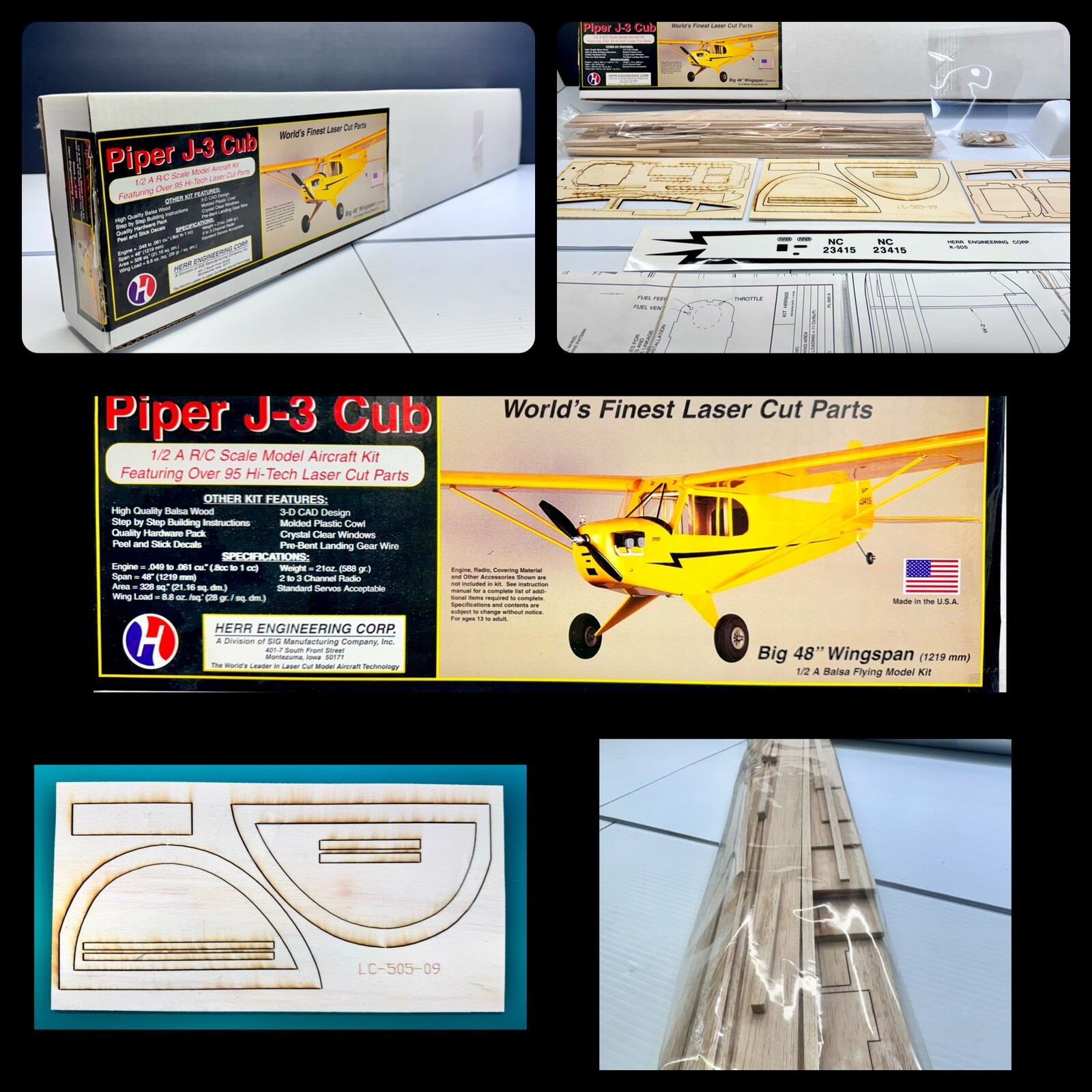 Herr Engineering Piper Cub J-3 Laser Cut Blasawood Kit 48" Wing New in ...