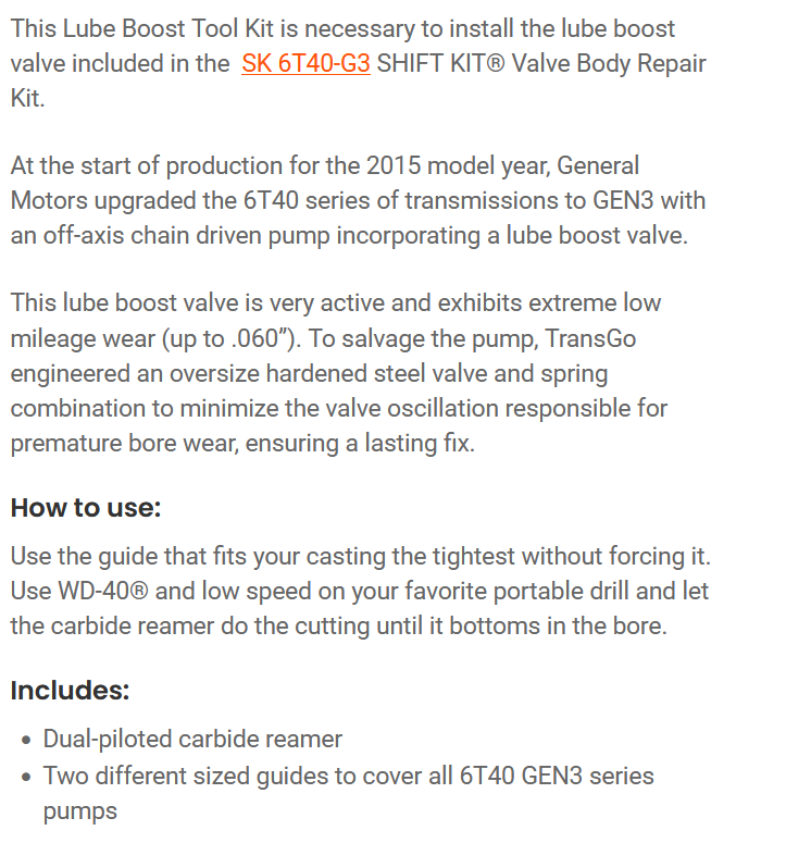GM 6T30 6T40 Gen3 Transmission Lube Boost Tool Kit TransGo (6T40G3-LB ...