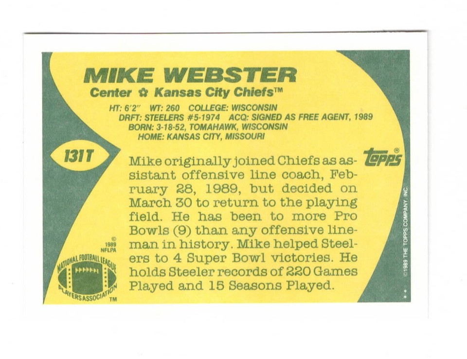 1989 Topps Traded #131T Mike Webster Mint | eBay