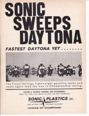 1963 Sonic Plastics Fairing Motorcycle Print-Ad/ "Sonic Sweeps Daytona ...