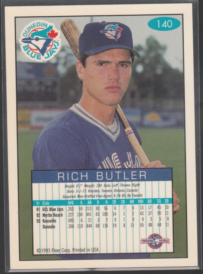 RICH BUTLER 1993-94 Fleer Excel #140 Blue Jays Auto TTM/IP Signed ...